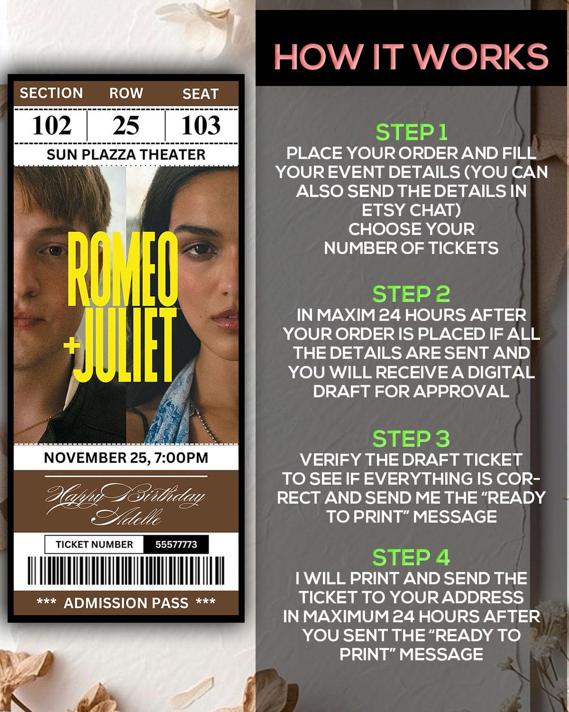 Romeo and Juliet Theater Ticket • Personalized Laminated Pass ...