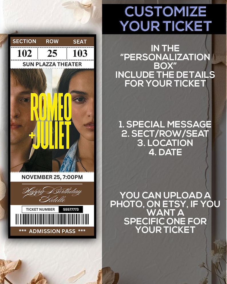 Romeo and Juliet Theater Ticket • Personalized Laminated Pass ...