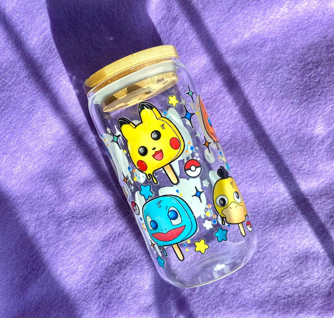 Ice Cream Pokémon 16oz Clear Glass Cup With Bamboo Lid and Glass Straw ...