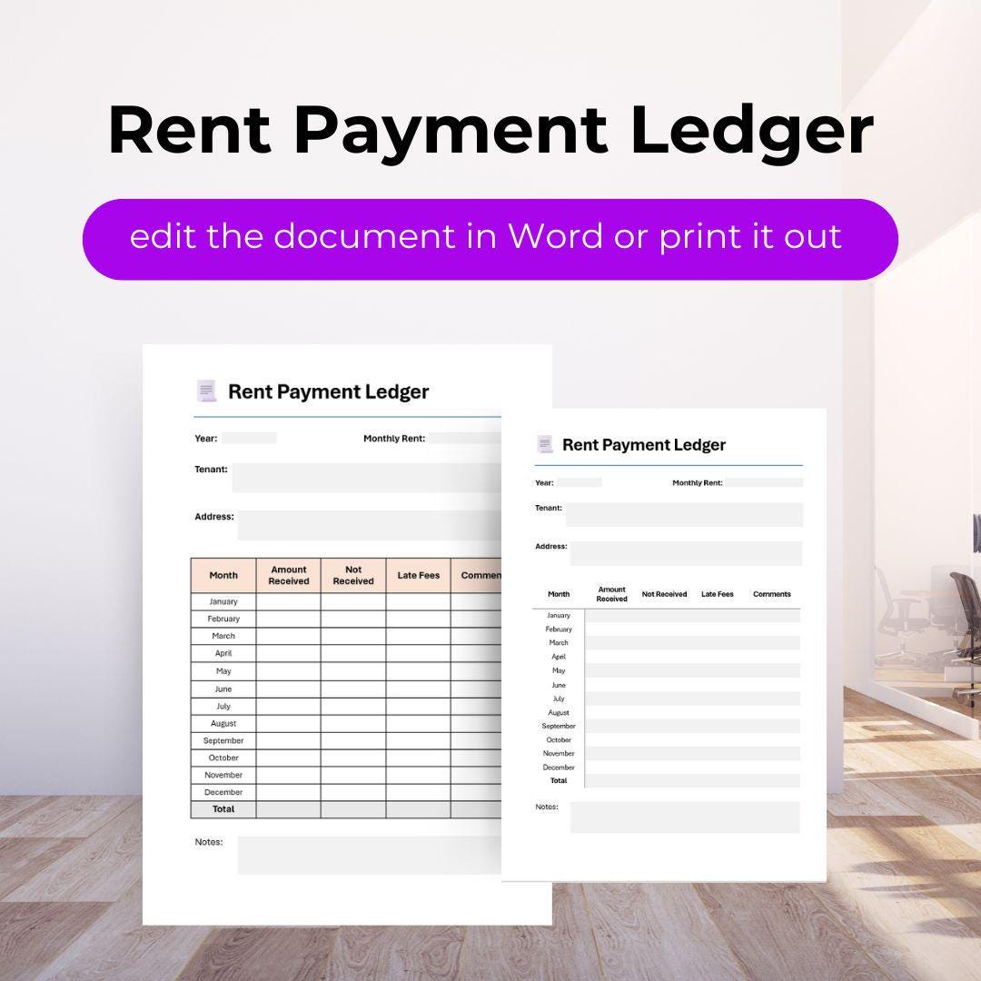 Editable Rent Payment Ledger, Printable Rental Payment Tracker, Rent ...