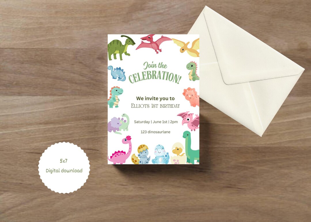 Editable Dinosaur Invitation – Customizable Digital Download With White ...