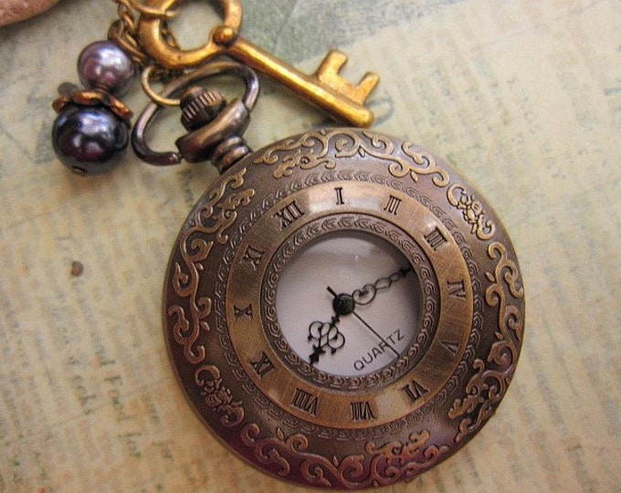 Ornate Style Pocket Watch Necklace With Key and Faux Pearls - Etsy