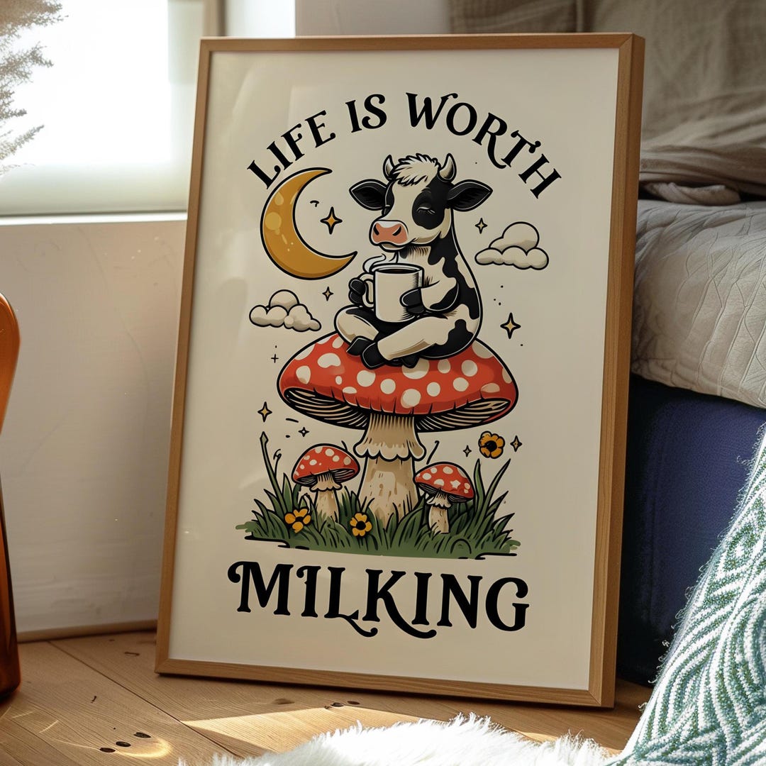 Magic Mushroom Drawing Highland Cow Painting Tripy Mushroom Decor ...