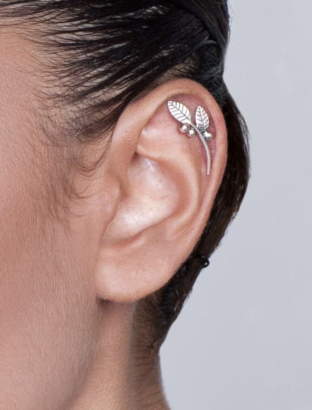 Silver Leaves and Berries Helix Piercing- Woodland Helix Earring, Leaf ...