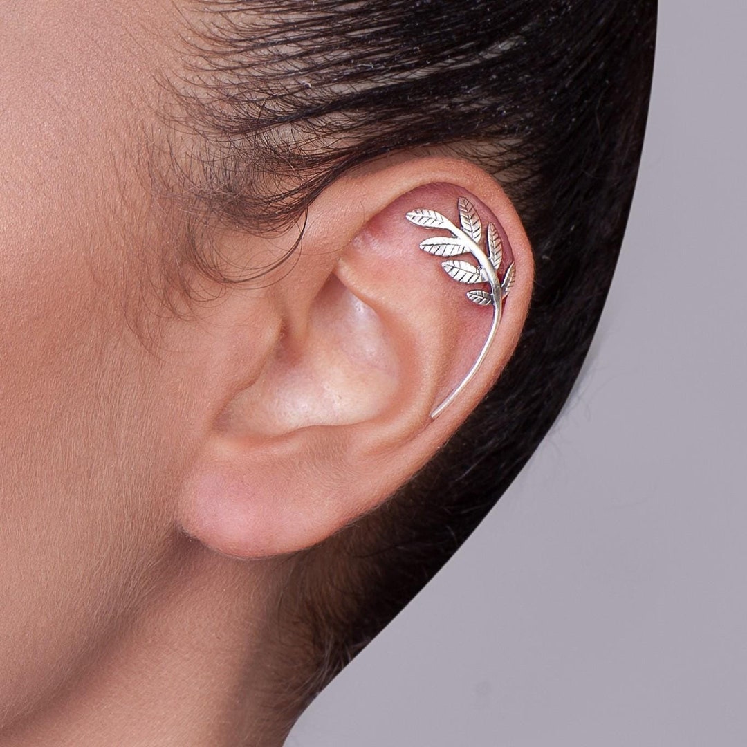 Silver Helix Earring- Leaf Helix Stud, Cartilage Earring, Ear Piercing ...