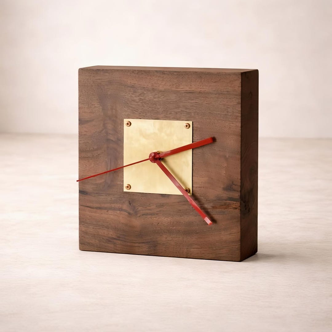 Solid Walnut Desk Clock, Minimalist Wooden Table Clock With Brass ...