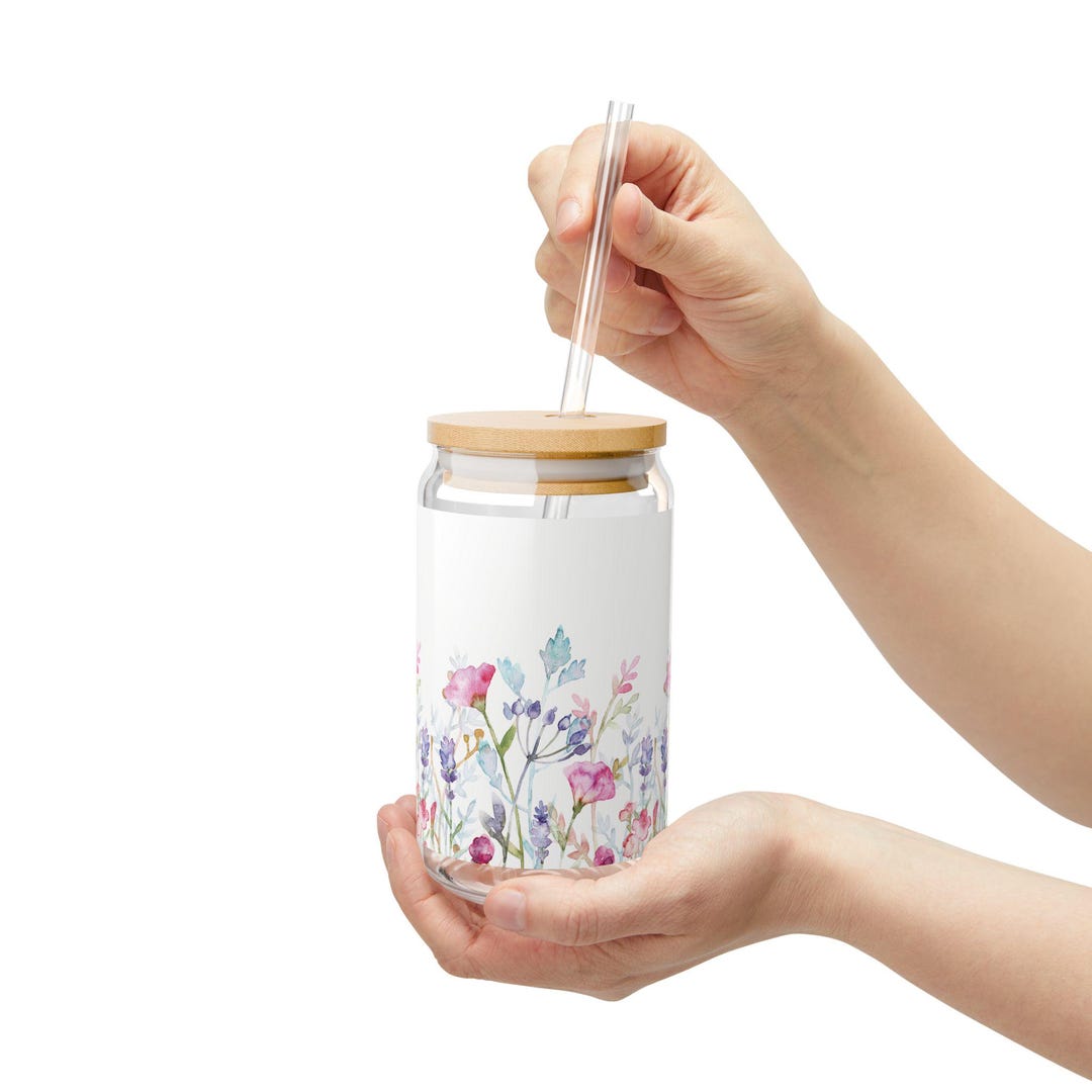 Watercolor Flower Glass Sipper Cup | 16 Oz Floral Iced Coffee Glass ...