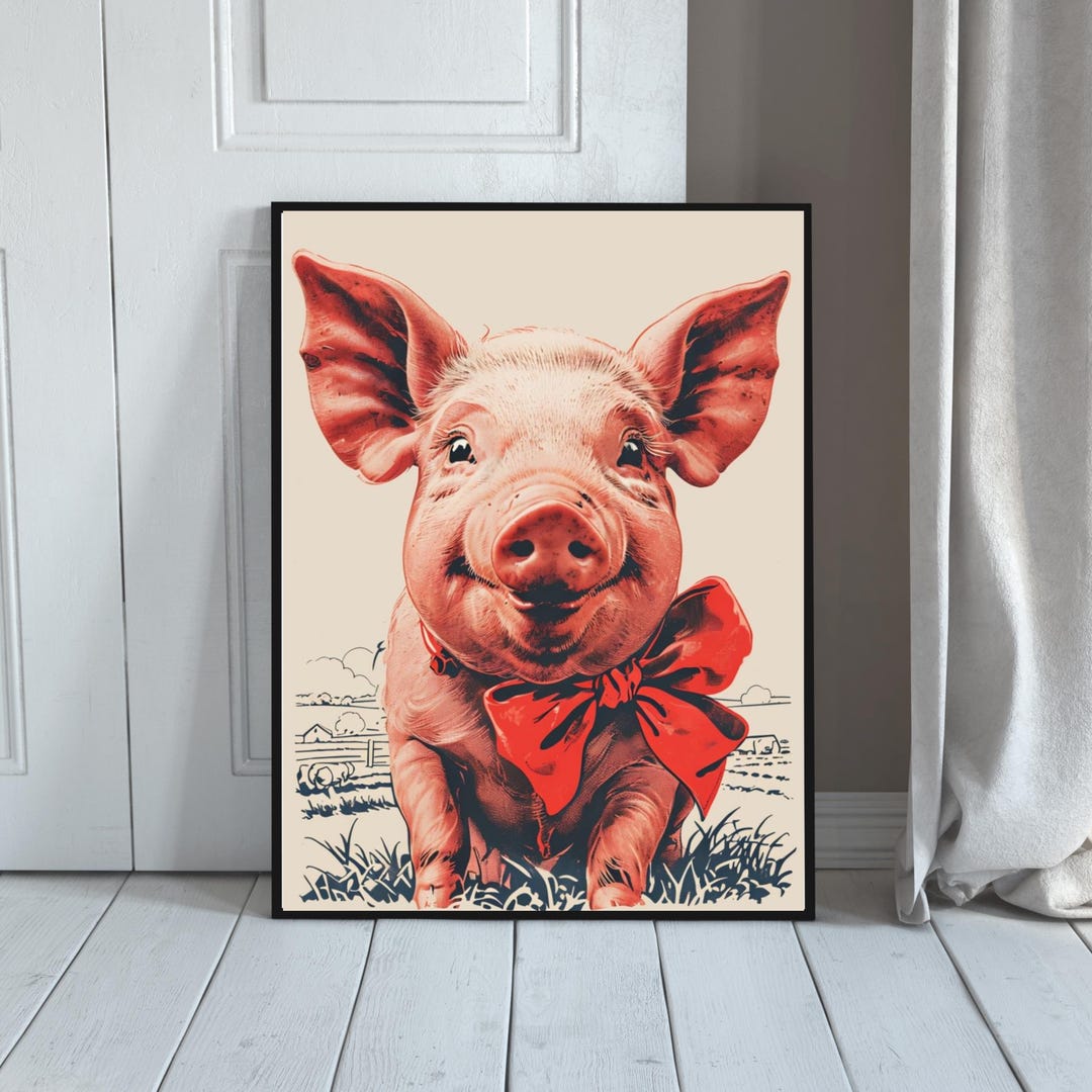 Vintage Pig Wall Art, Nursery Pig With Red Bow Print, Funny Pig Poster ...