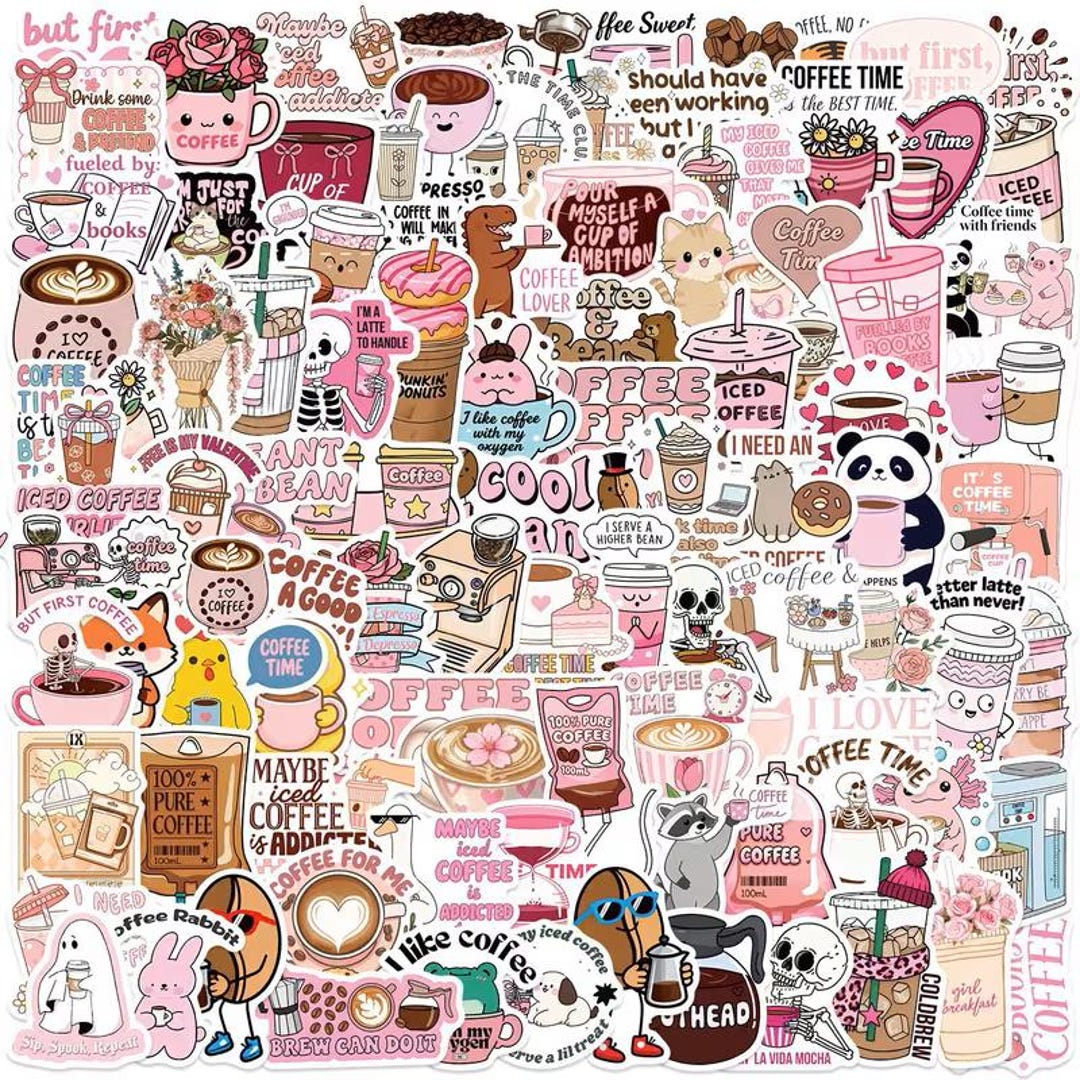 50 PC Pink Coffee Sticker Pack, Café Vinyl Decals, Latte Art, Pastel ...