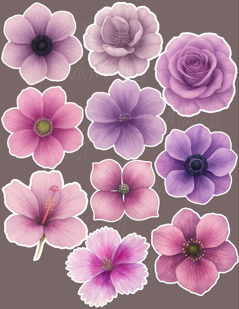 Watercolor Flower Sticker Set: Purple & Pink Botanical Die-cut Stickers ...