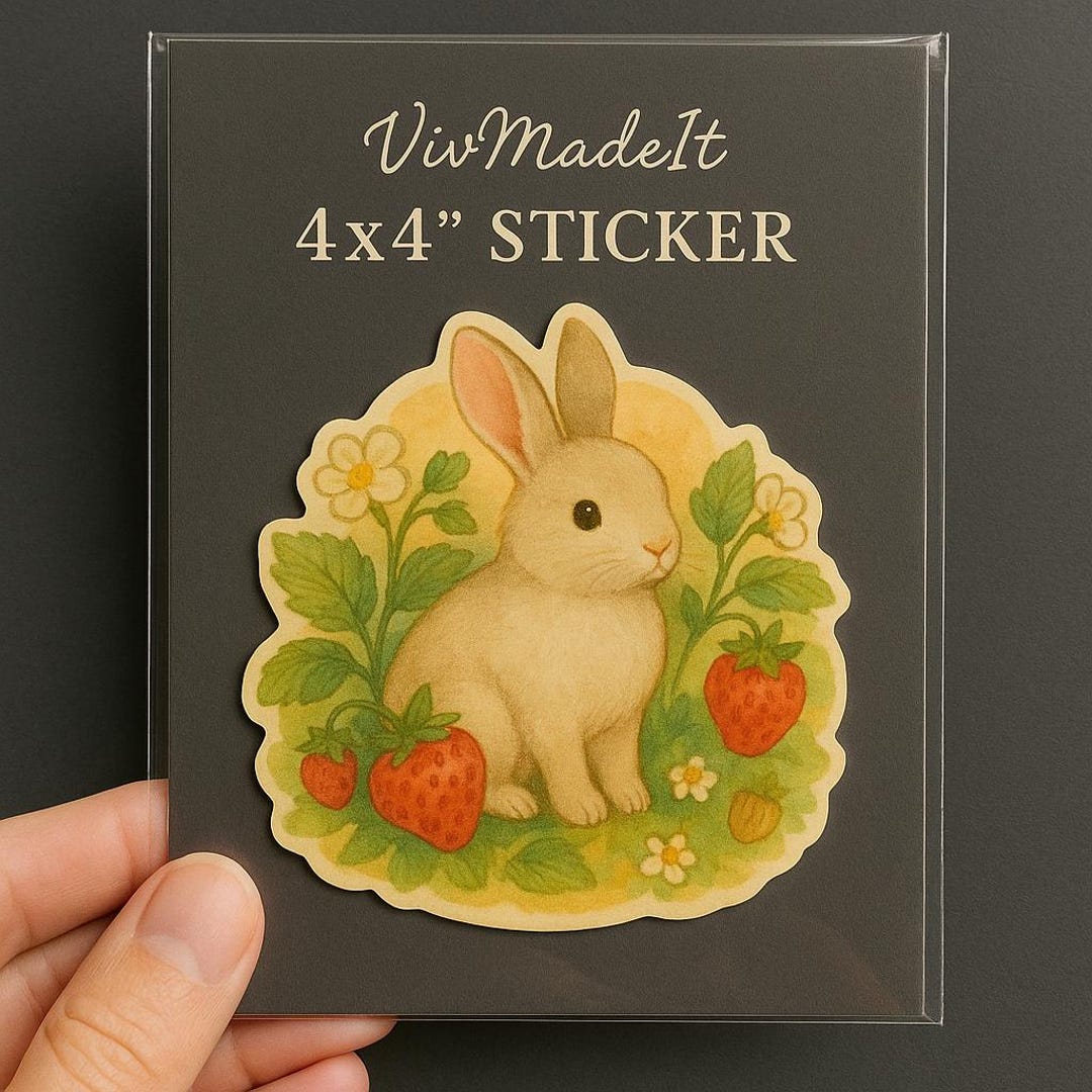 Cottagecore Bunny Strawberry Sticker: Watercolor Spring Decor (4") - Etsy