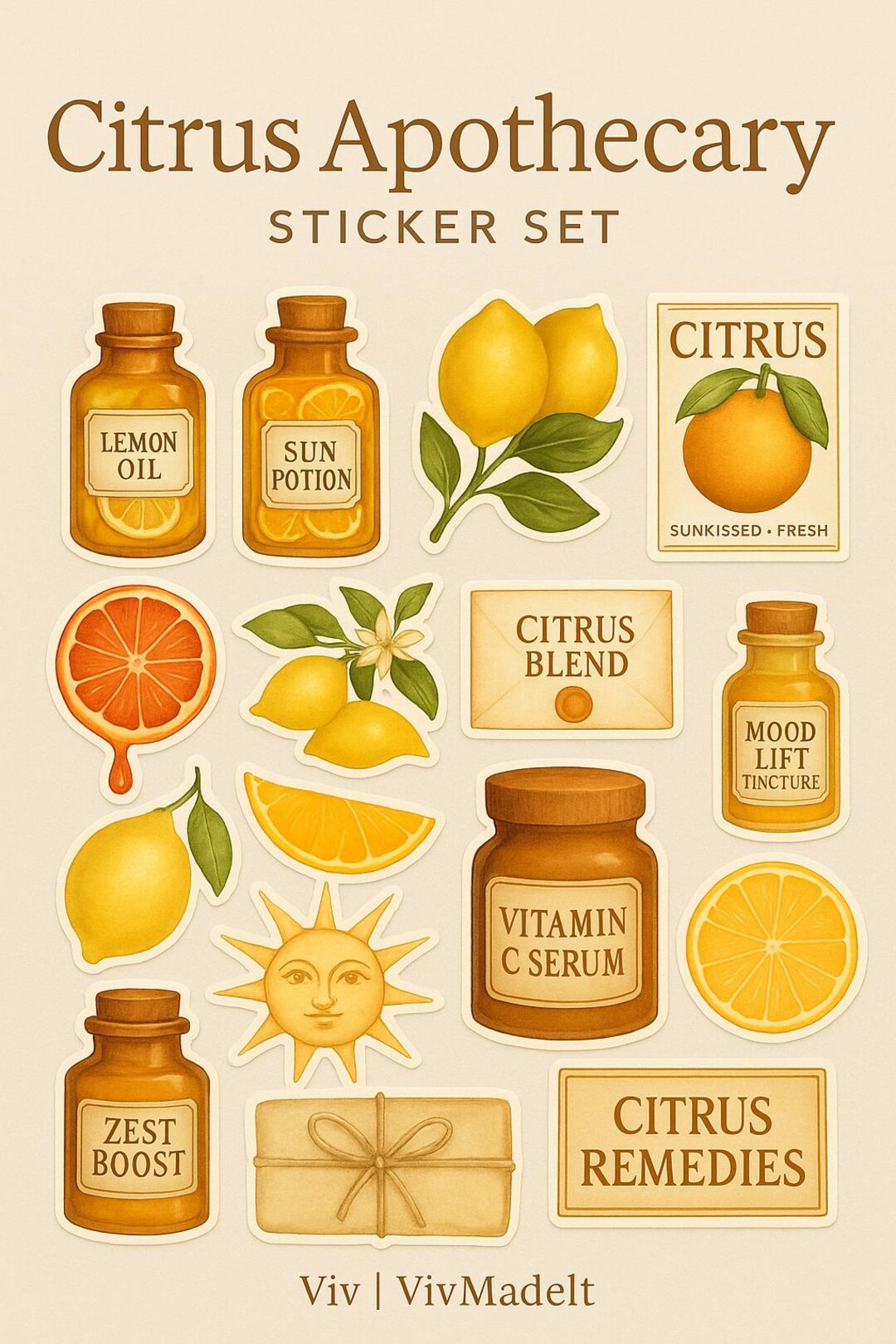 Citrus Apothecary Sticker Set: Vintage Lemon & Orange Stickers - Etsy