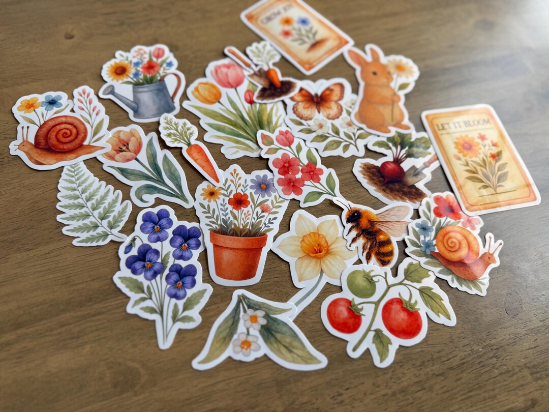 Spring Garden Sticker Pack – 20-piece Cottagecore Watercolor Stickers ...