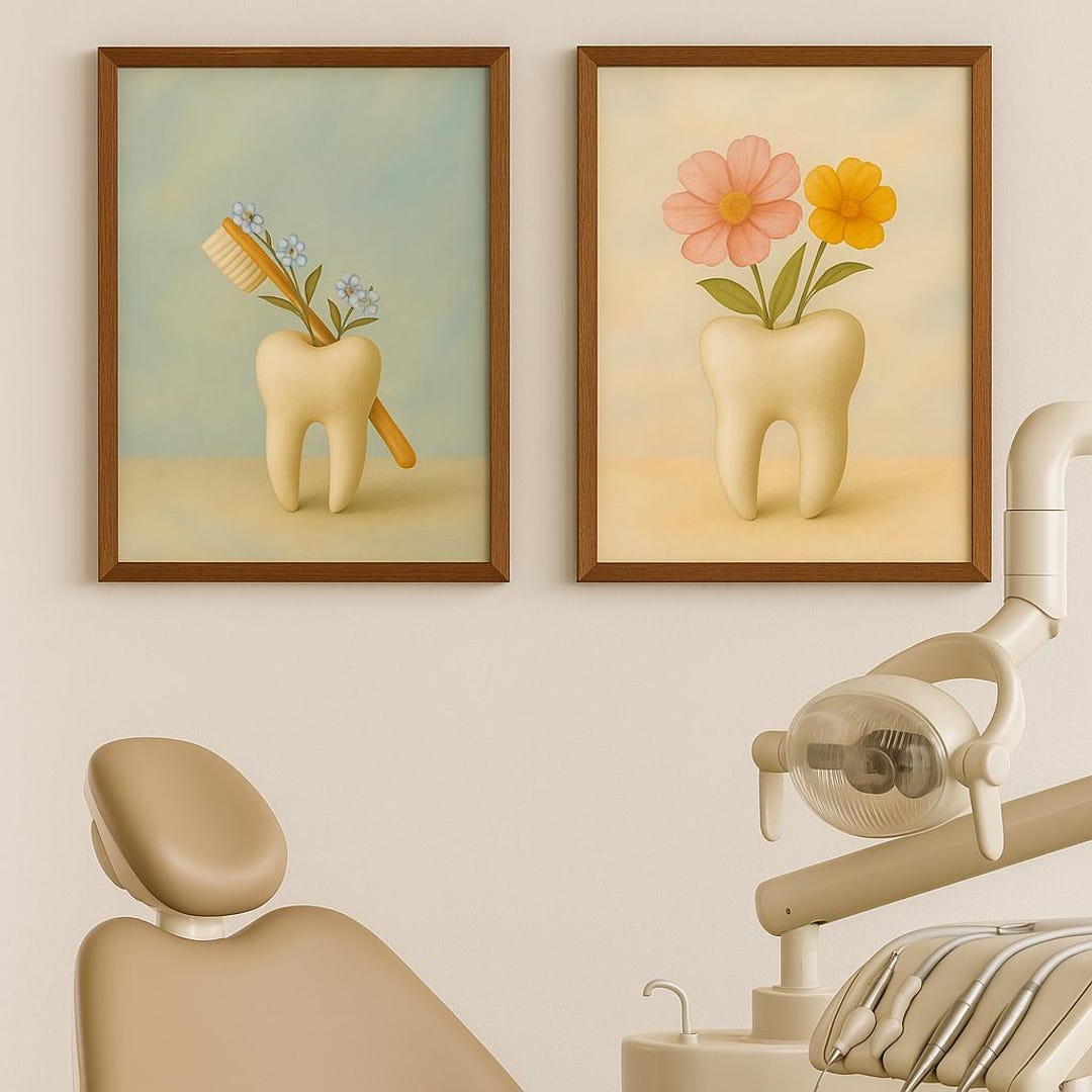 Floral Tooth Art Print: Pastel Dental Office Decor, Real Wood and Glass ...