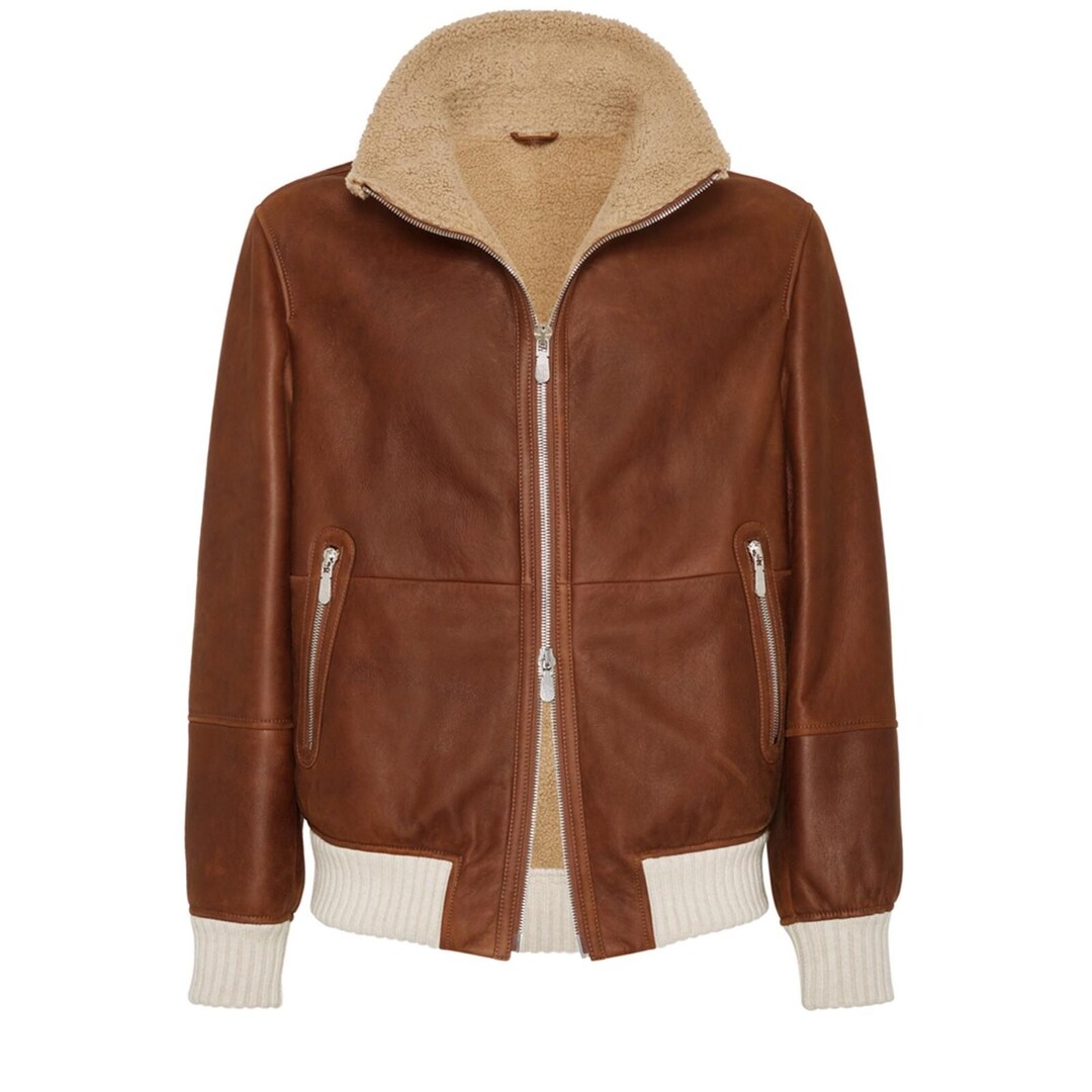 Men’s Brown Shearling Bomber Jacket – Genuine Leather Aviator Coat With ...