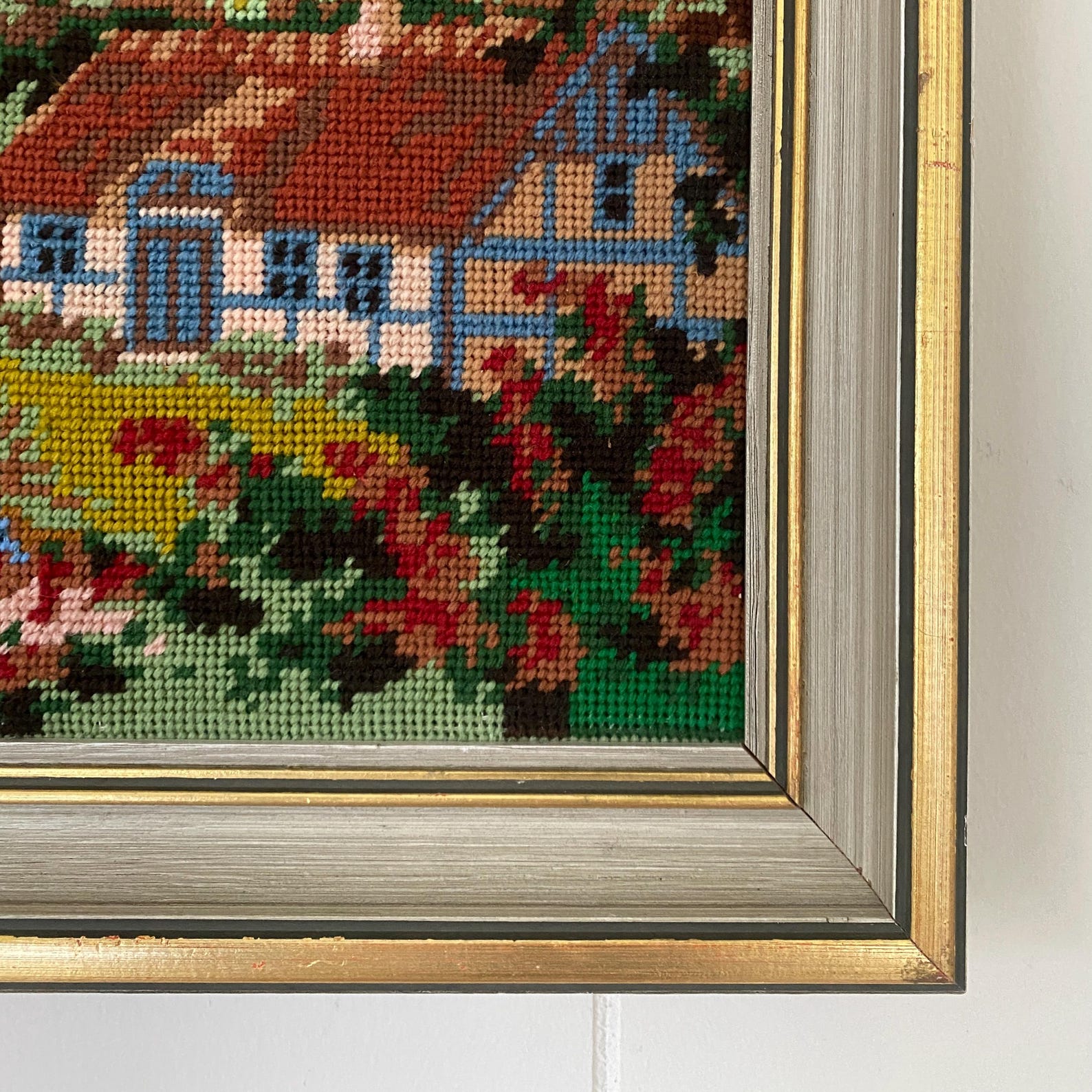 Vintage Framed Needlepoint Landscape | Cottagecore Wall Art | Hand ...