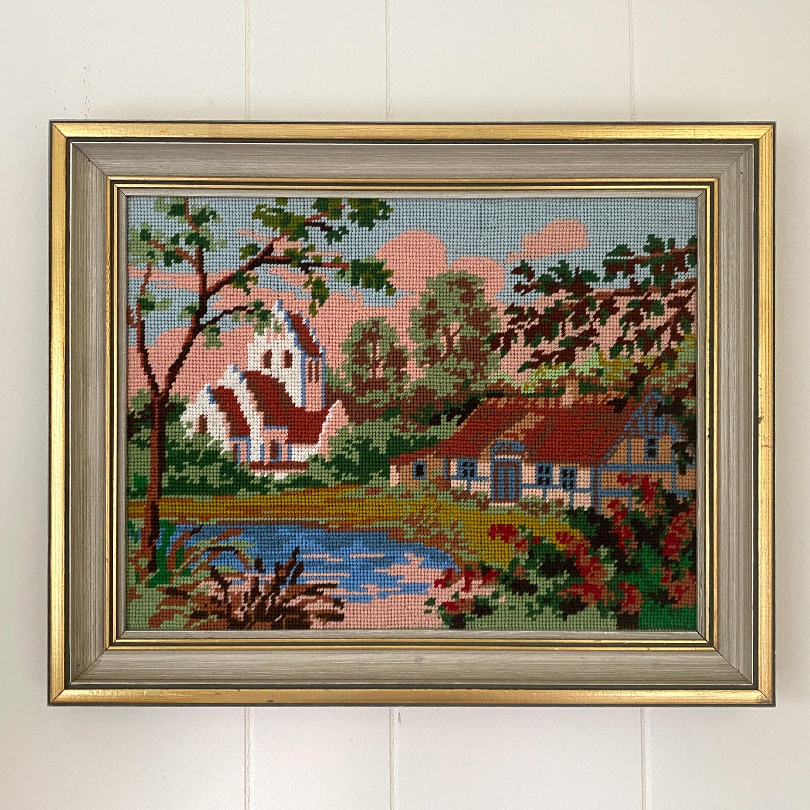 Vintage Framed Needlepoint Landscape | Cottagecore Wall Art | Hand ...