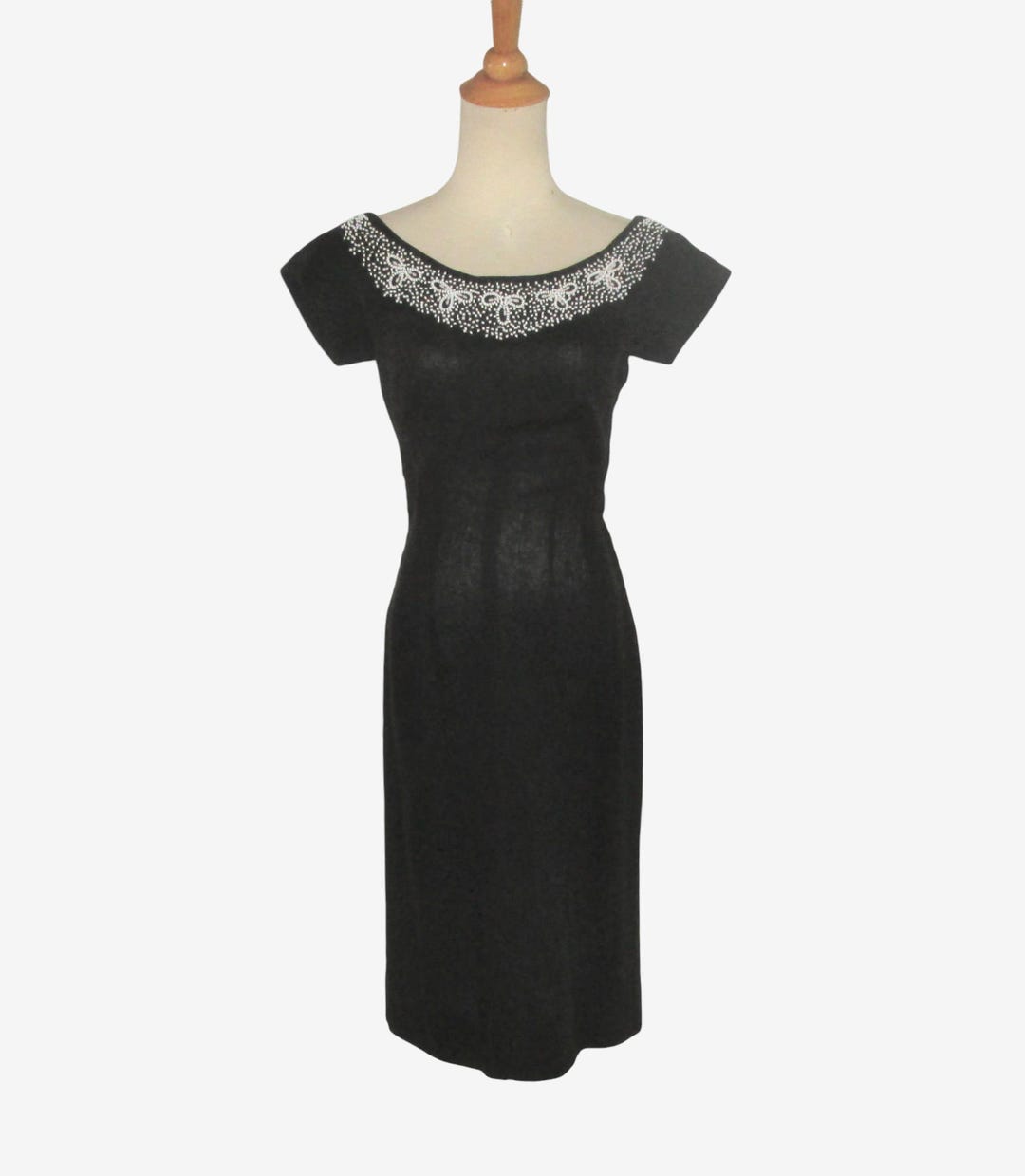 Vintage 1950s Black Beaded Linen Dress With Mermaid Hem by Nan ...