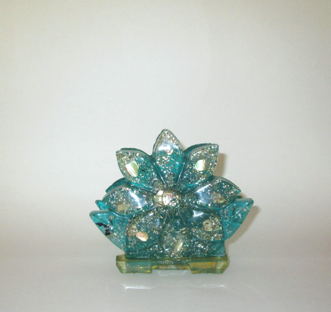 Vintage Turquoise Acrylic Flecked Flower Napkin Holder Letter Organizer ...