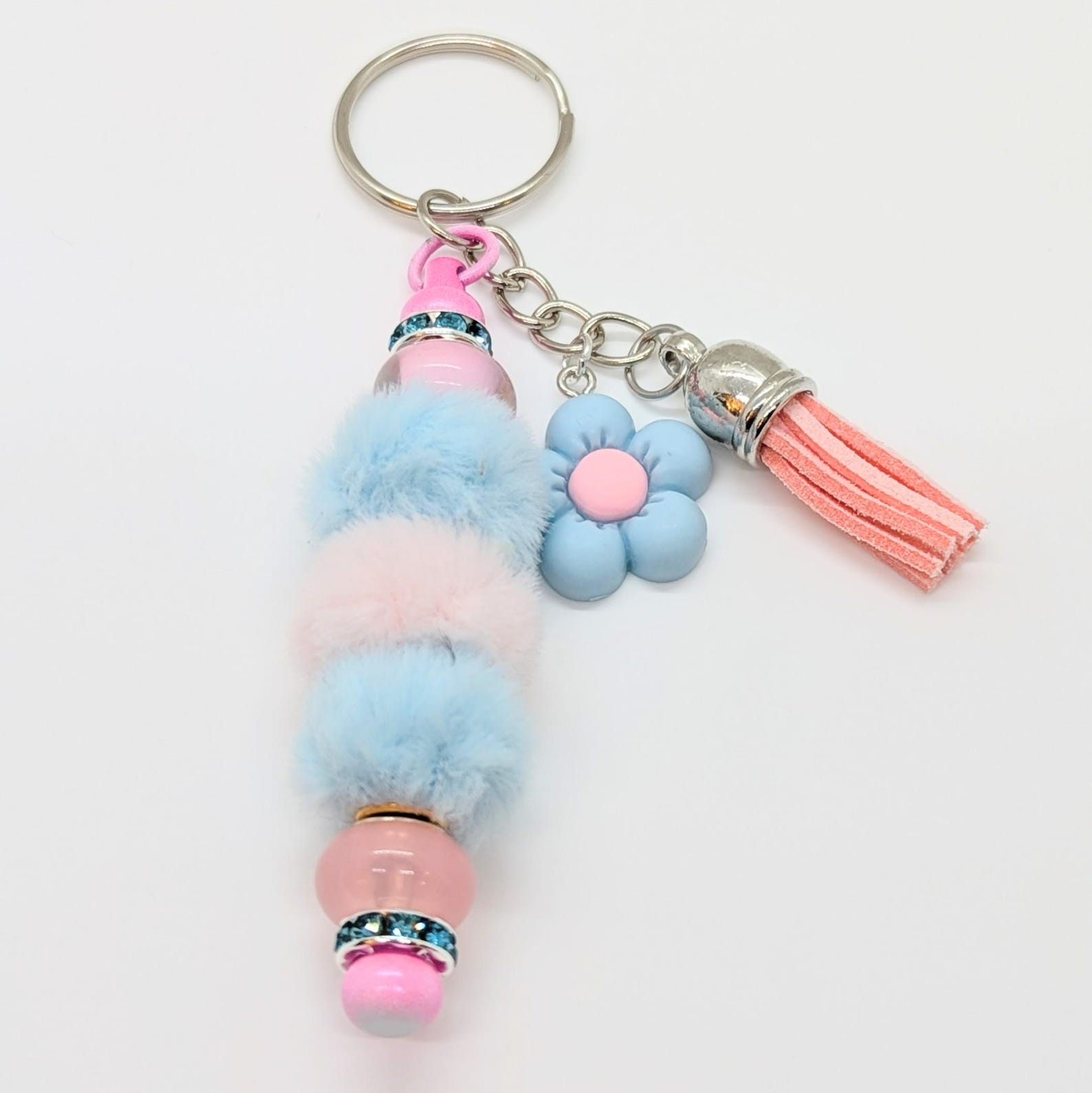 Transgender Pride Keychain: Pink Blue Pom Poms, Flower Charm - Etsy