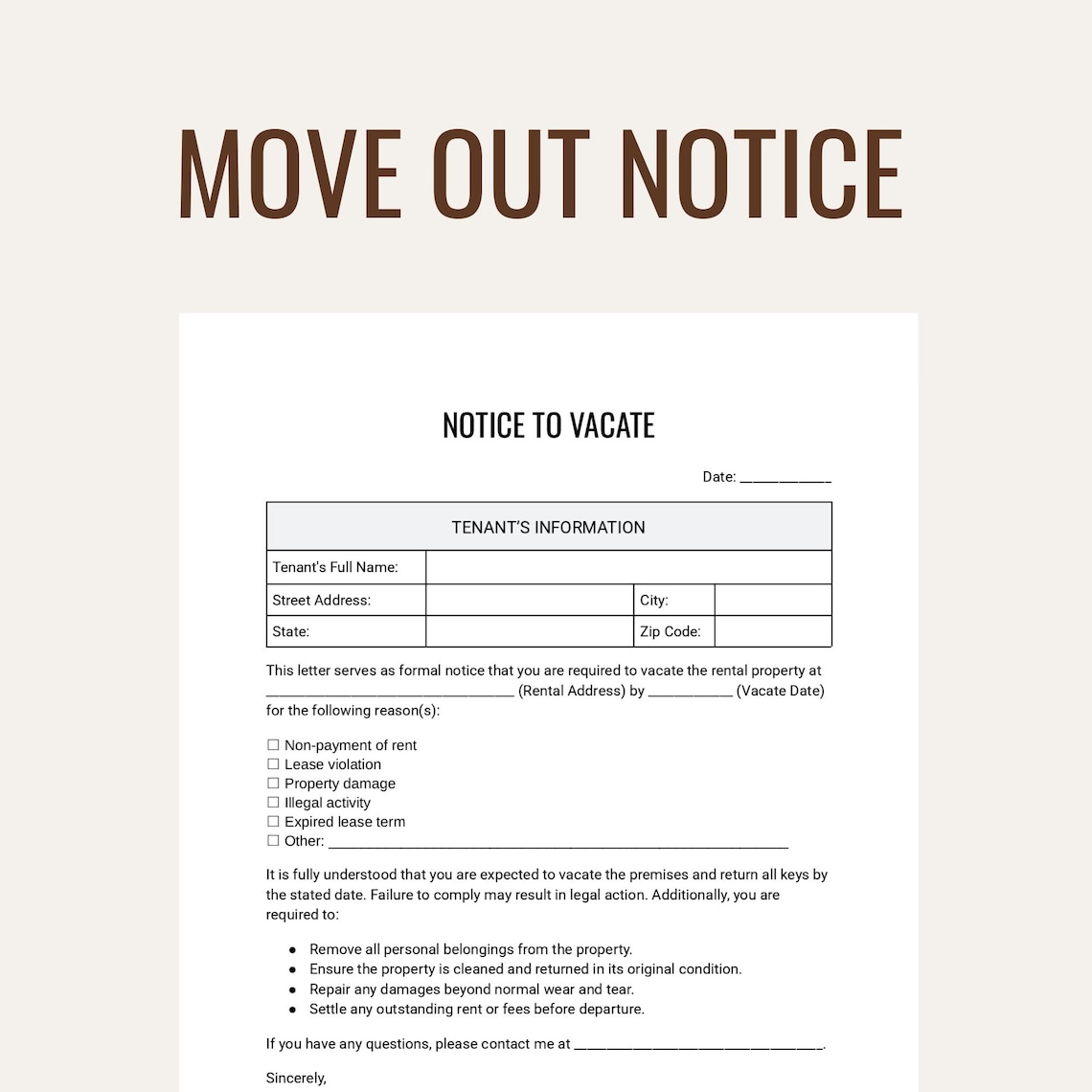 Move Out Notice Template | Eviction Notice | Editable MS Word, Google Docs, PDF | Instant ...