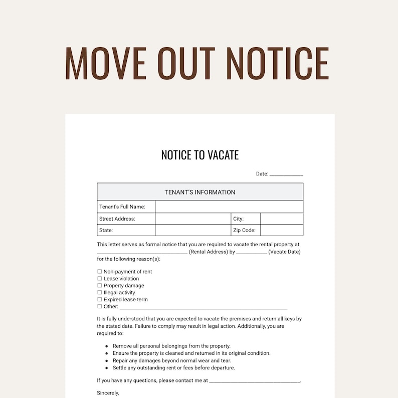 Move Out Notice Template | Eviction Notice | Editable MS Word, Google Docs, PDF | Instant ...