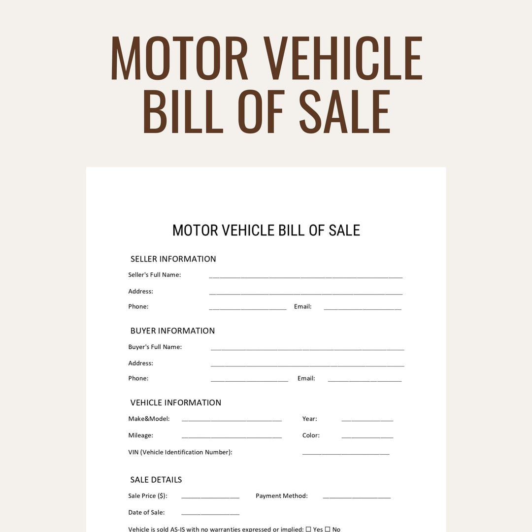 Editable Motor Vehicle Bill of Sale | Instant Download | PDF MS Word ...
