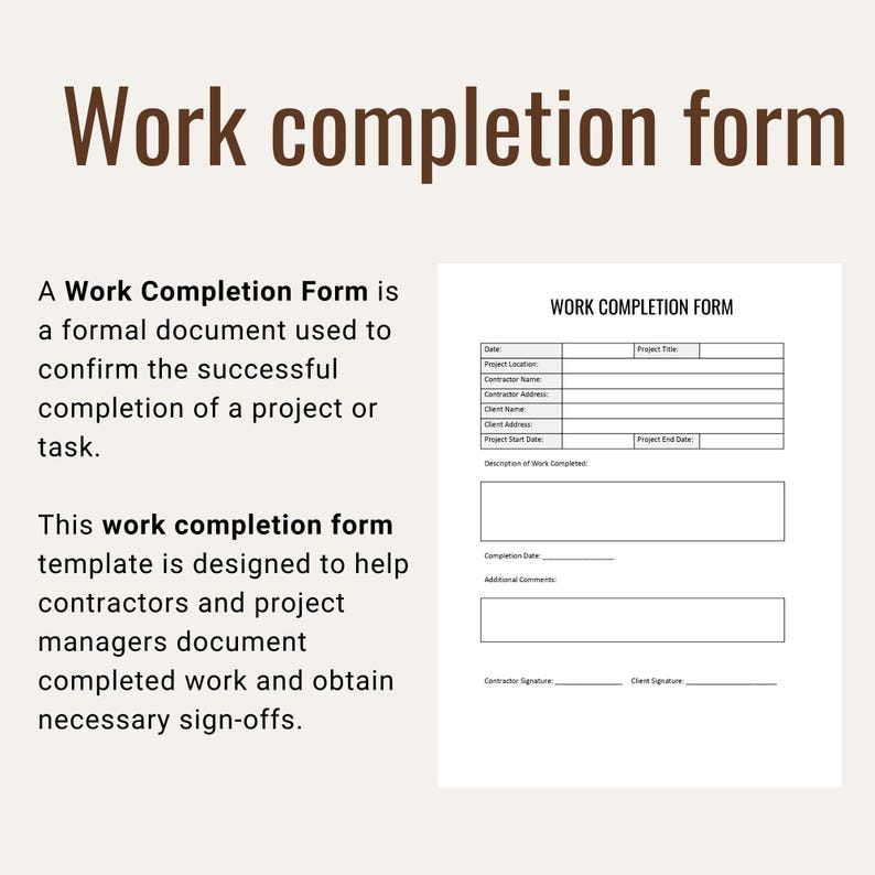 Work Completion Form | Job Completion Template | Editable MS Word ...