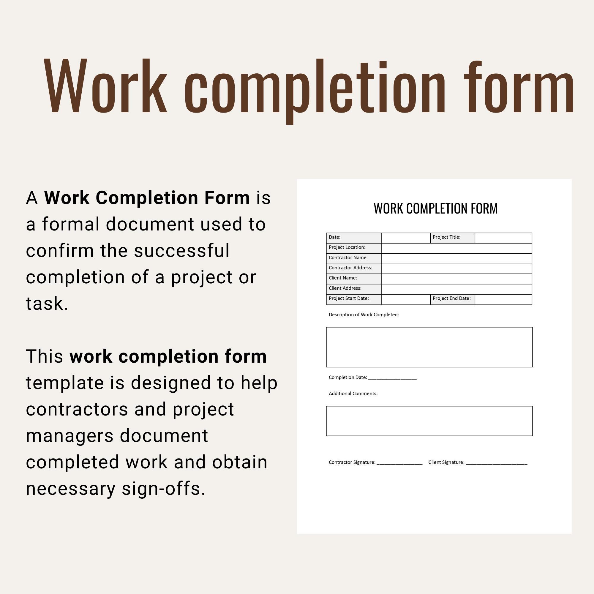 Work Completion Form | Job Completion Template | Editable MS Word ...