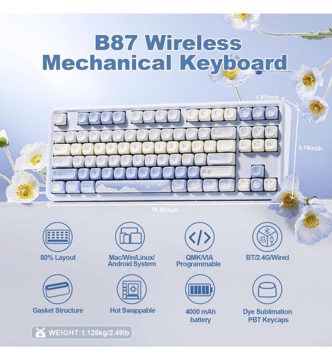 YUNZII B87 Wireless Mechanical Keyboard, Programmable,tlk Layout 87 ...