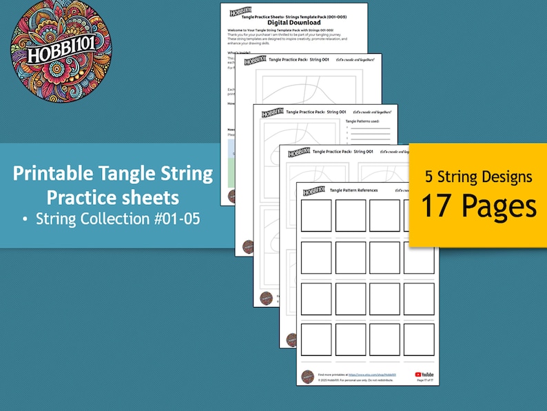 Zentangle Practice Sheets Template Pack: String Collection #1 - 5 ...