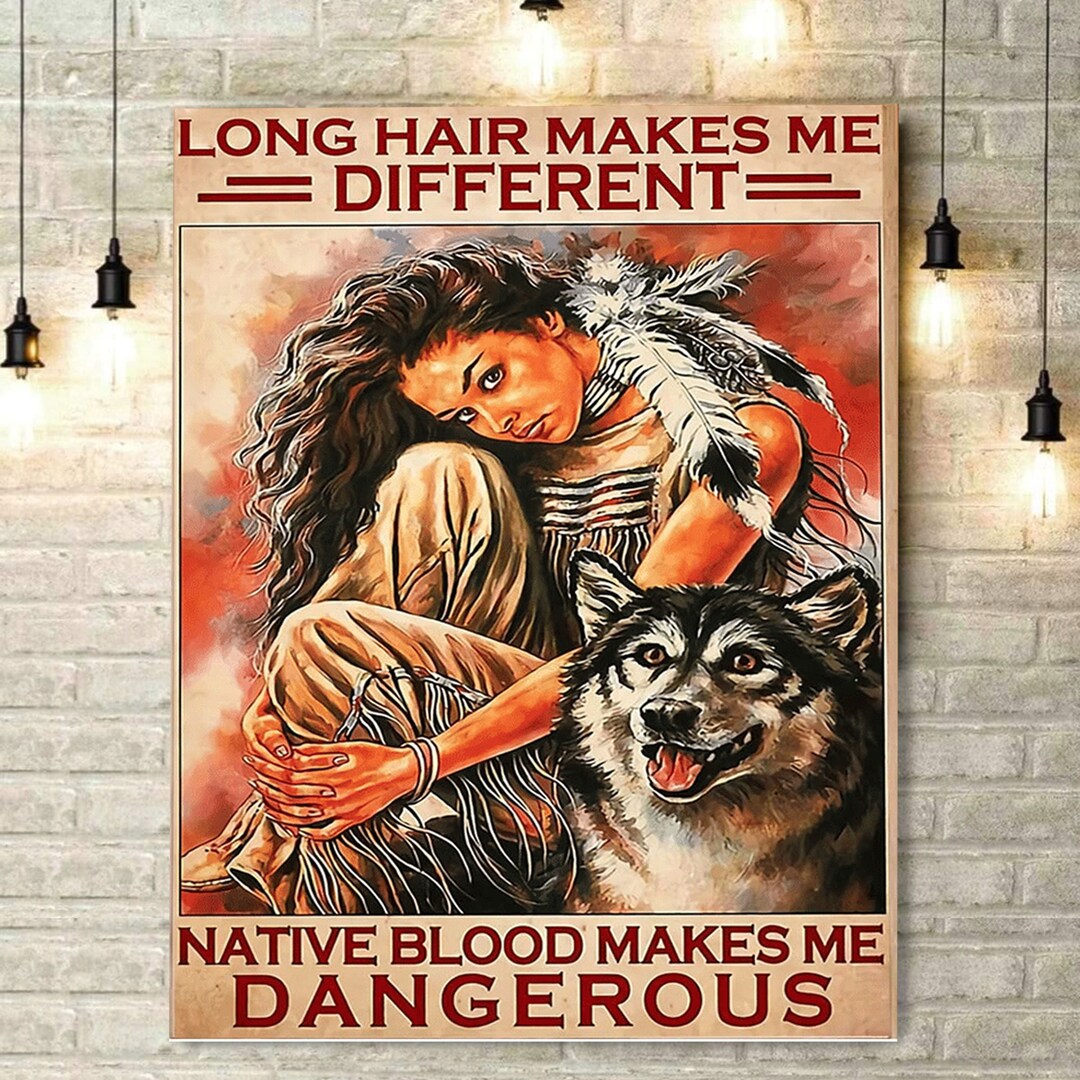 Indigenous Girl and Wolf Canvas Wall Art, Long Hair Makes Me Different ...