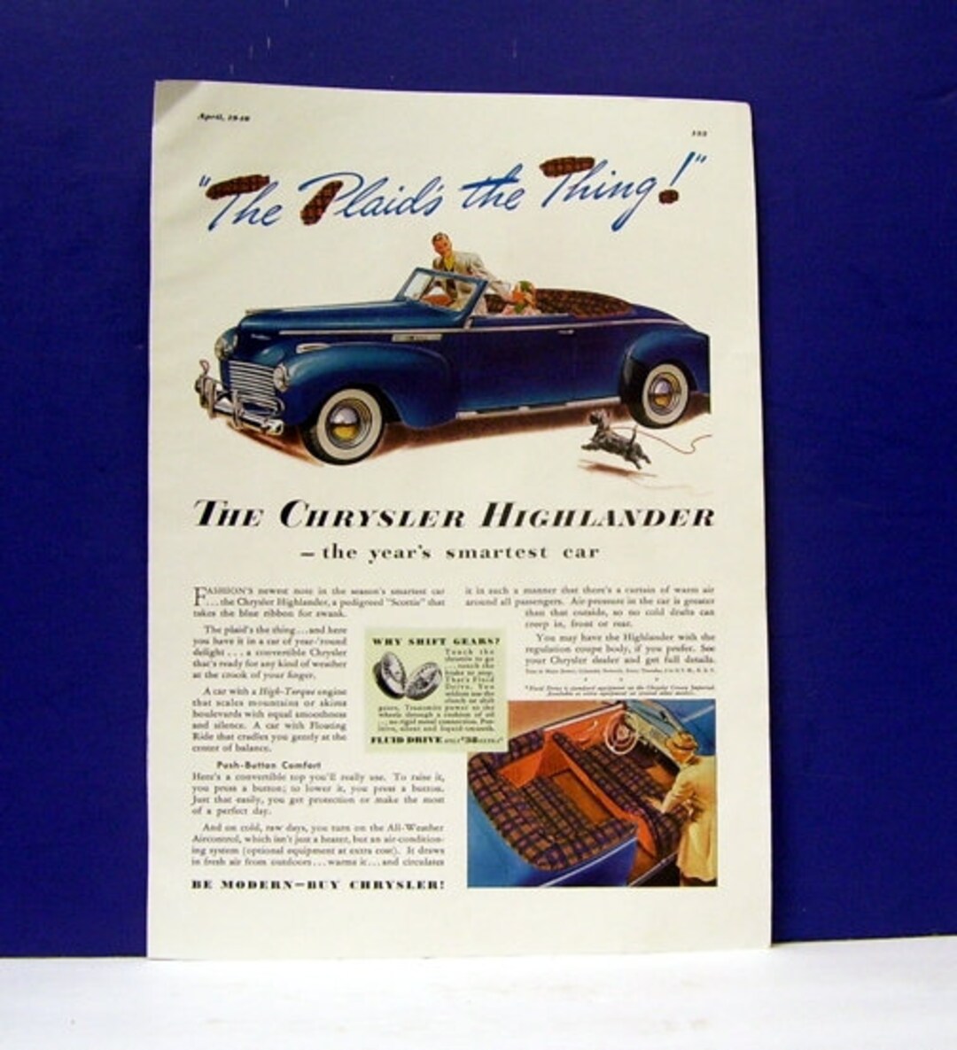 Chrysler Blue Highlander 1940 Car Ad, Reverse Side Bermuda Recess Mens ...
