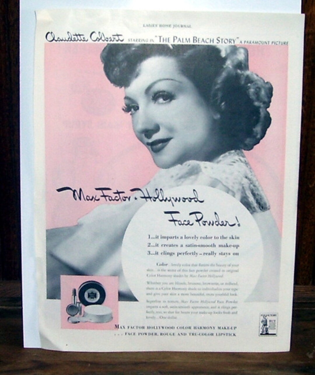 1942 Movie Star Claudette Colbert, Max Factor Hollywood Face Powder ...