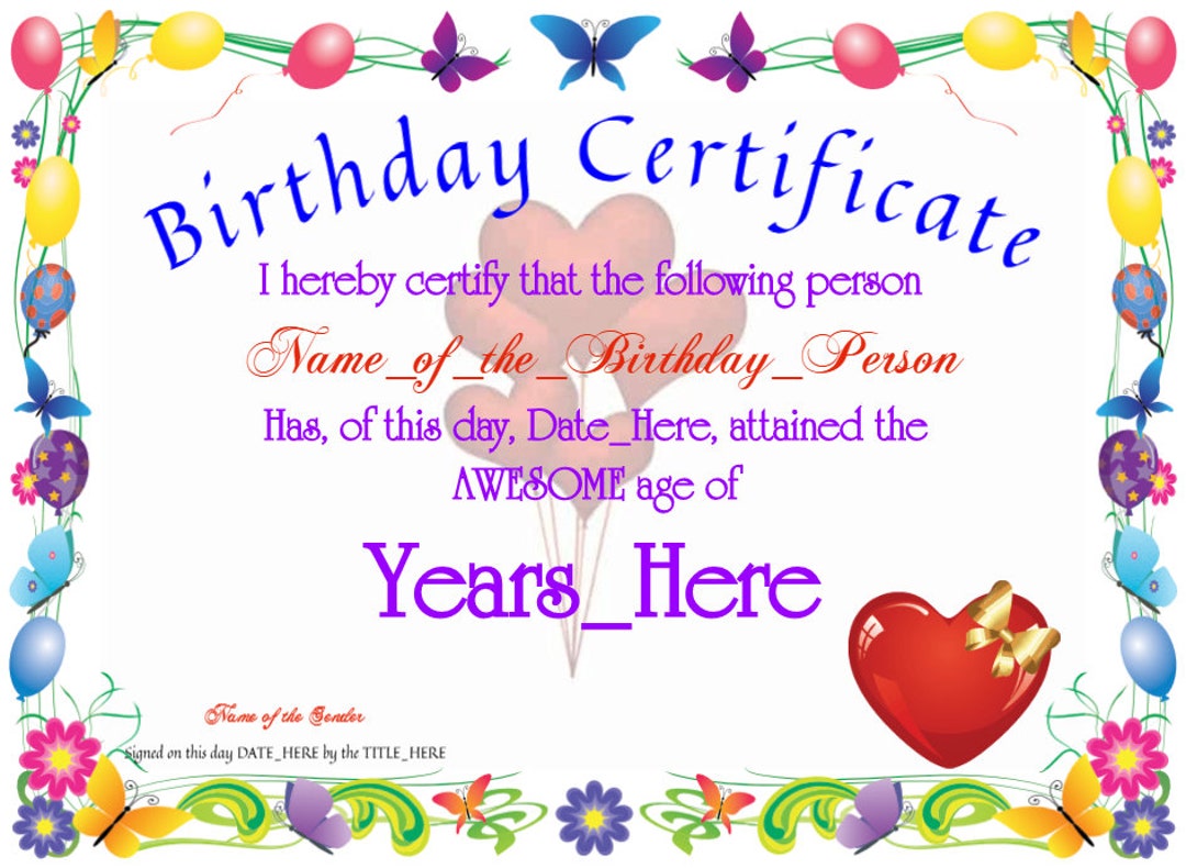 Personalized Birthday Certificate Ward Made to Order Download - Etsy