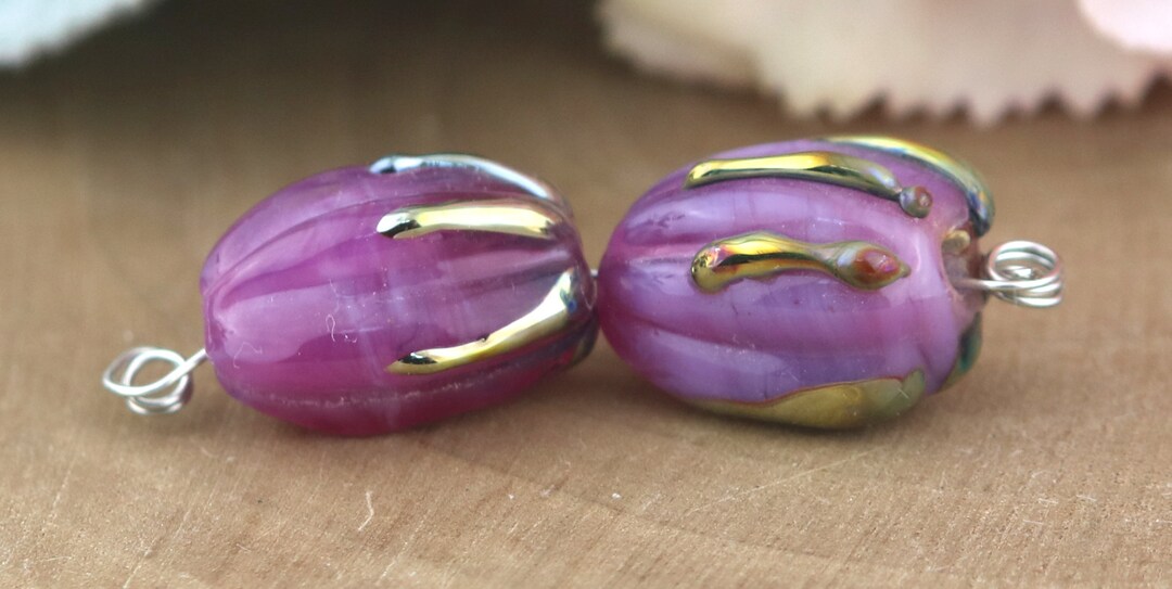 Flora Pink Pods With Lustered Silver Glass Lampwork Bead Pair - Etsy