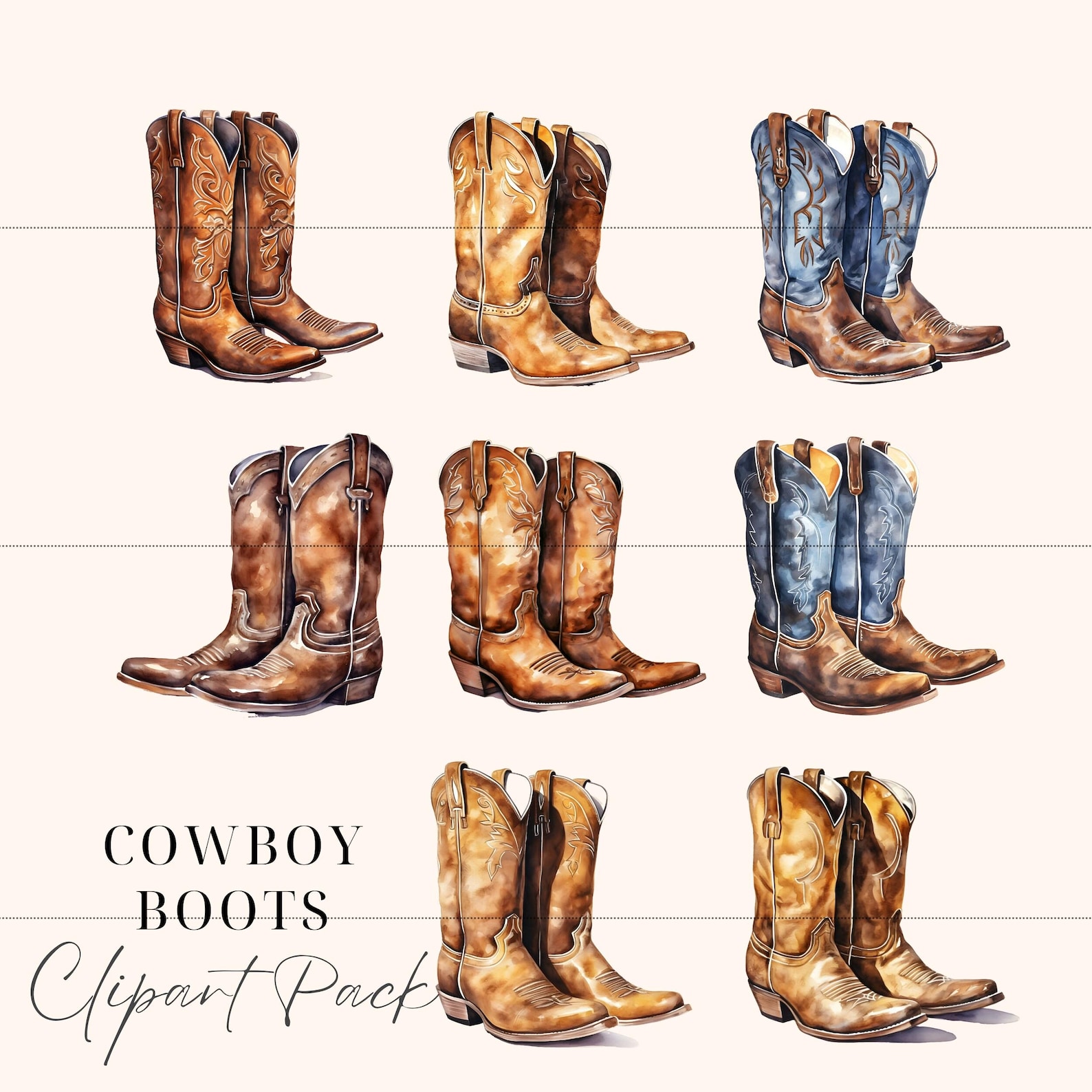 Watercolor Cowboy Boot Clipart, Western Boots Clipart for Commercial ...
