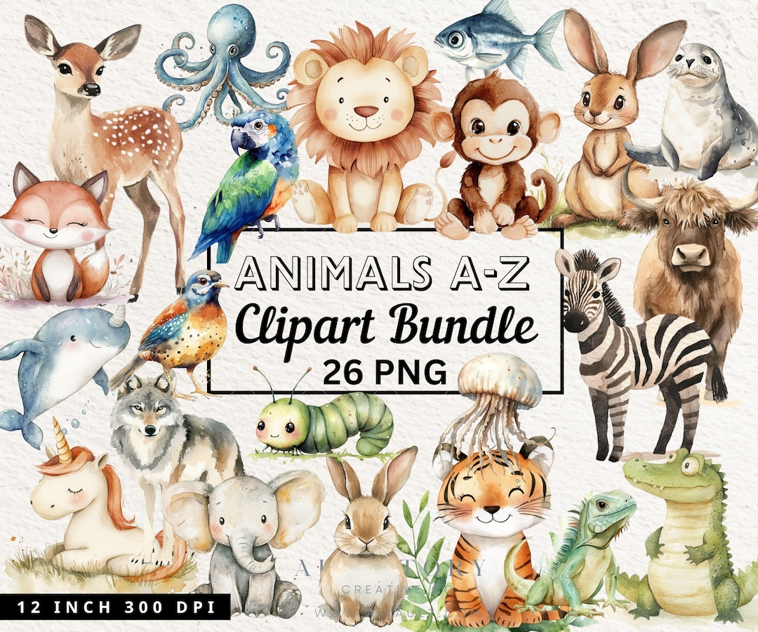 Watercolor Animals A-Z Clipart Bundle Alphabet Clip Art, A-Z Letters ...