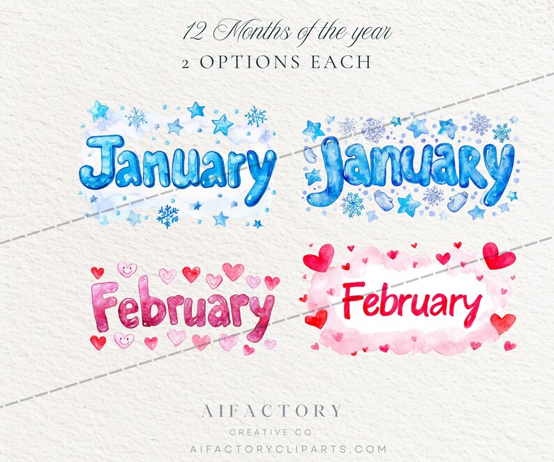 Months of the Year Watercolor Clipart PNG Bundle, Months of Year PNG ...