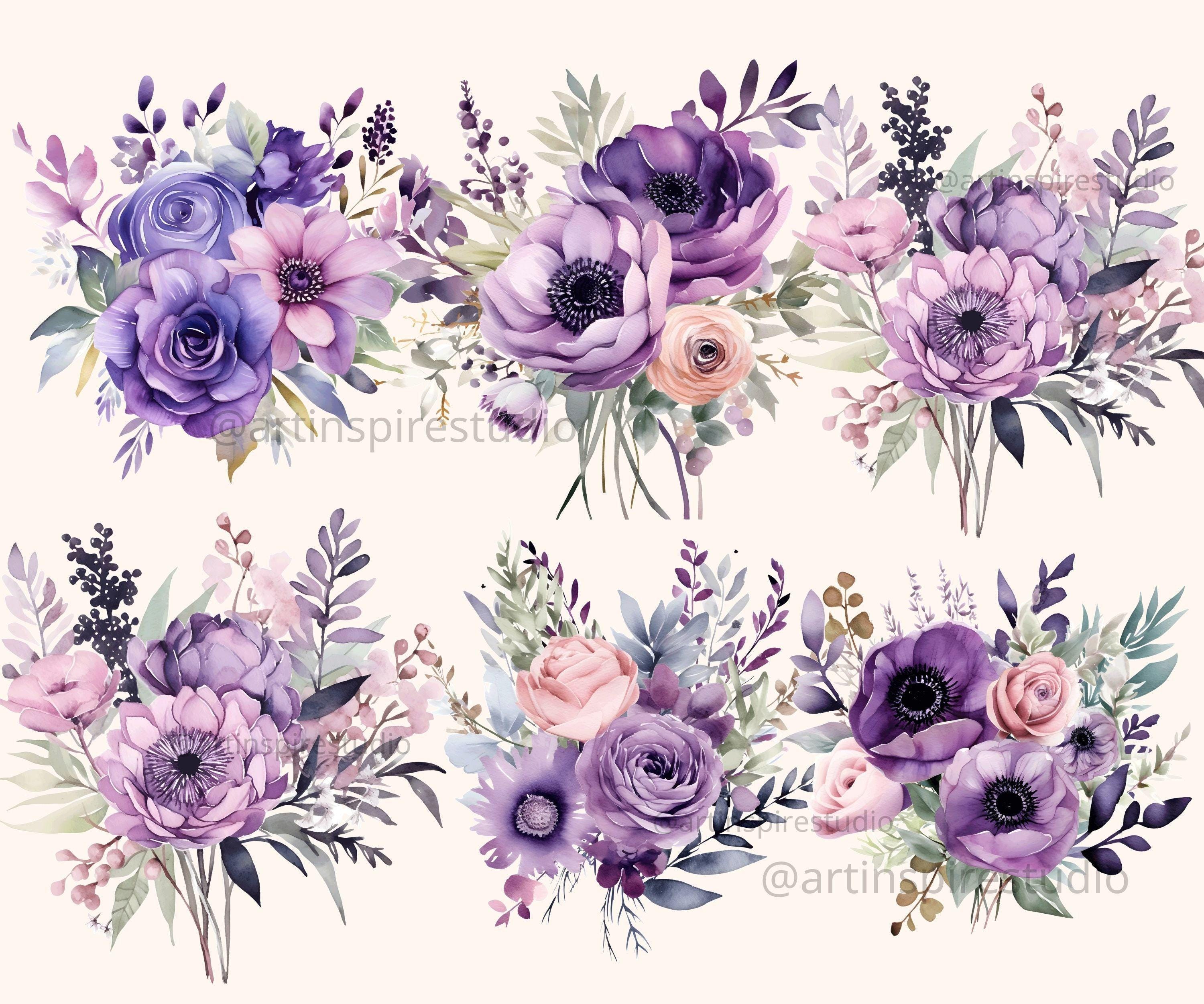 Purple Watercolor Flowers Clipart, Lavender Boho Flowers Clipart ...