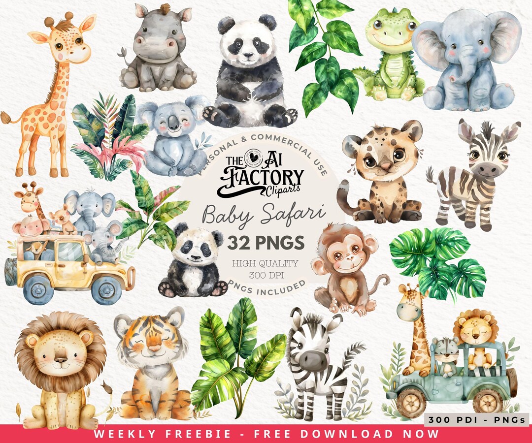 Baby Safari Animals Watercolor Clipart, Wildlife Jungle Animals Cute ...