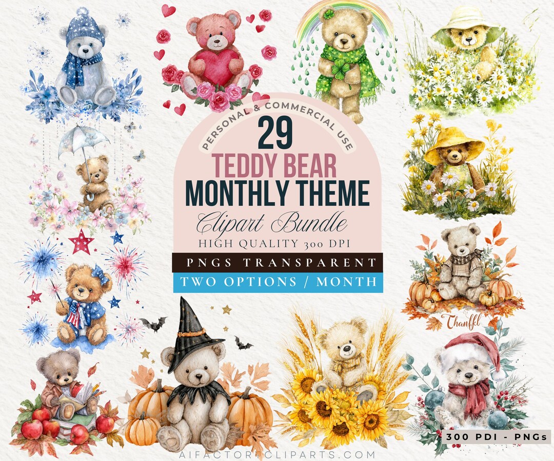 Months of the Year Watercolor Clipart Set, Teddy Bear Months of Year ...