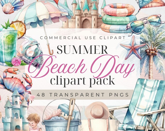Watercolor Pool Party Clipart: Summer Beach Graphics (digital Stickers ...