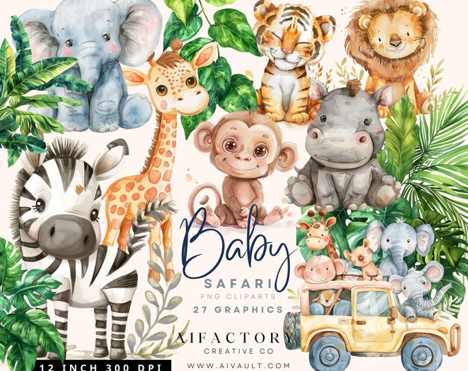 Baby Safari Animals Watercolor Clipart, Zebra Lion Tiger Hippo Tropical ...