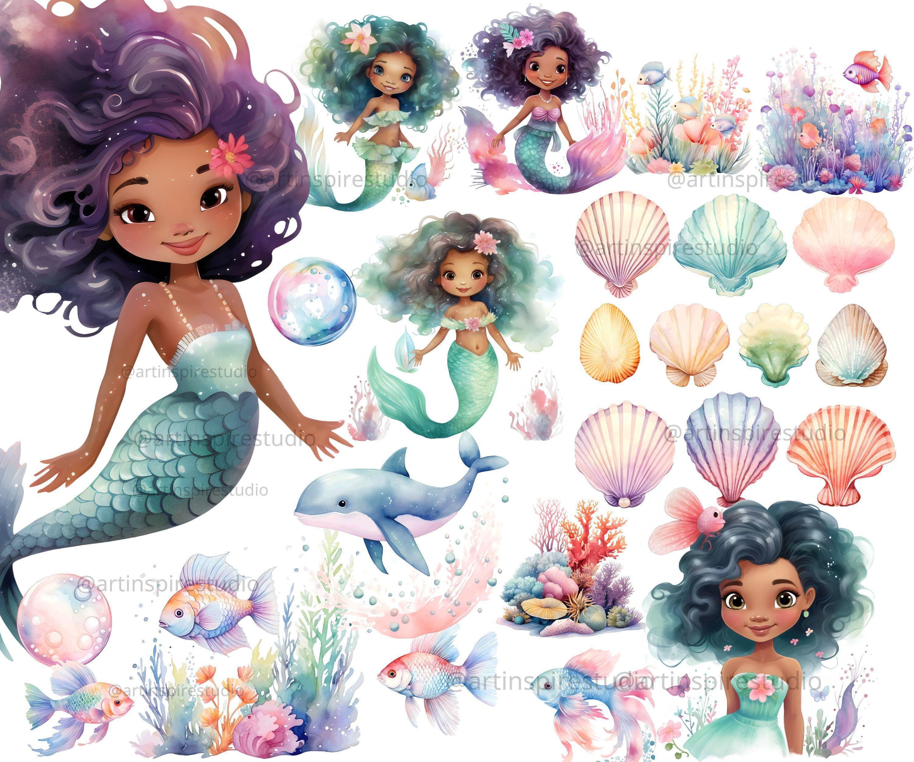 Afro Mermaid Clipart Pastel Under the Sea Clipart African Watercolour ...