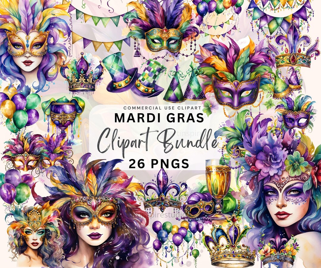 Mardi Gras Watercolor Clipart Bundle Happy Mardi Gras Png Western ...
