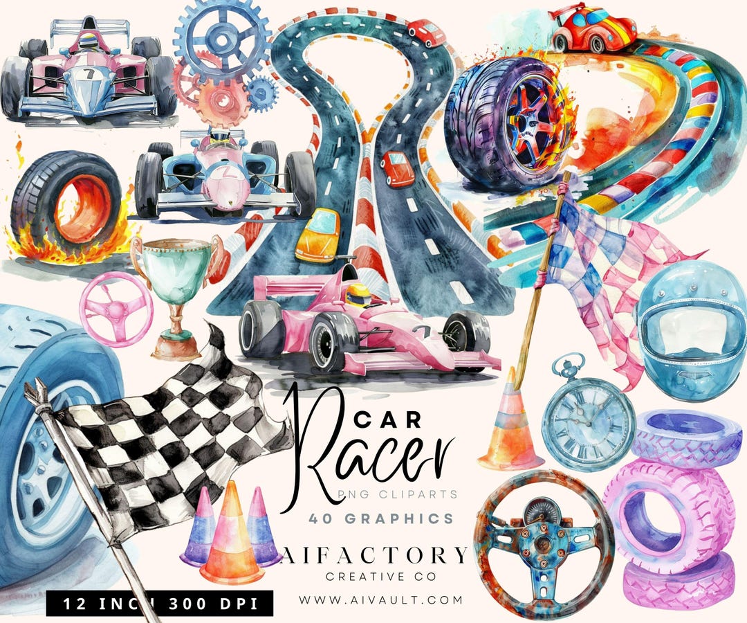 Watercolor Racecar Clipart, Cute Cars, Racing Cars, Checkered Flag Race ...