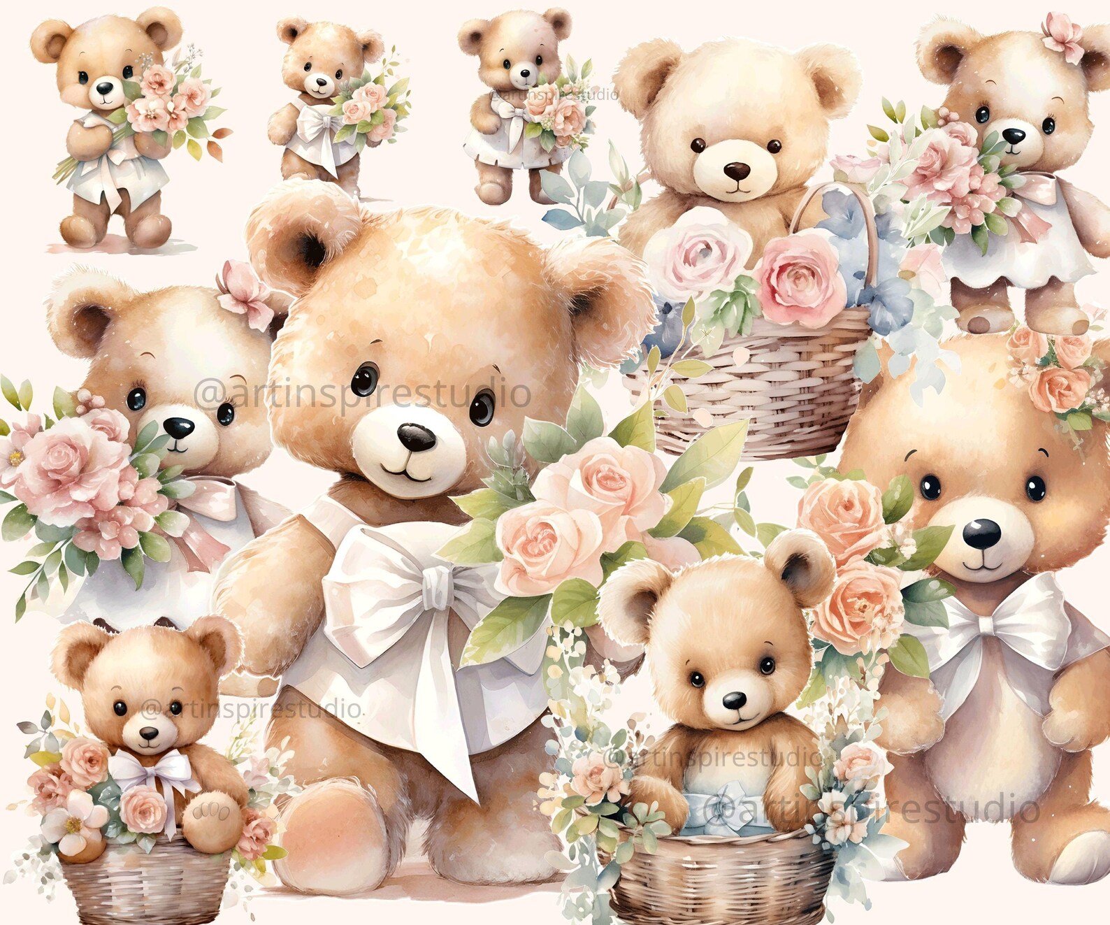 28 Watercolor Teddy Bear Clip Art Bundle Clipart Pack Boho Teddy Bear ...