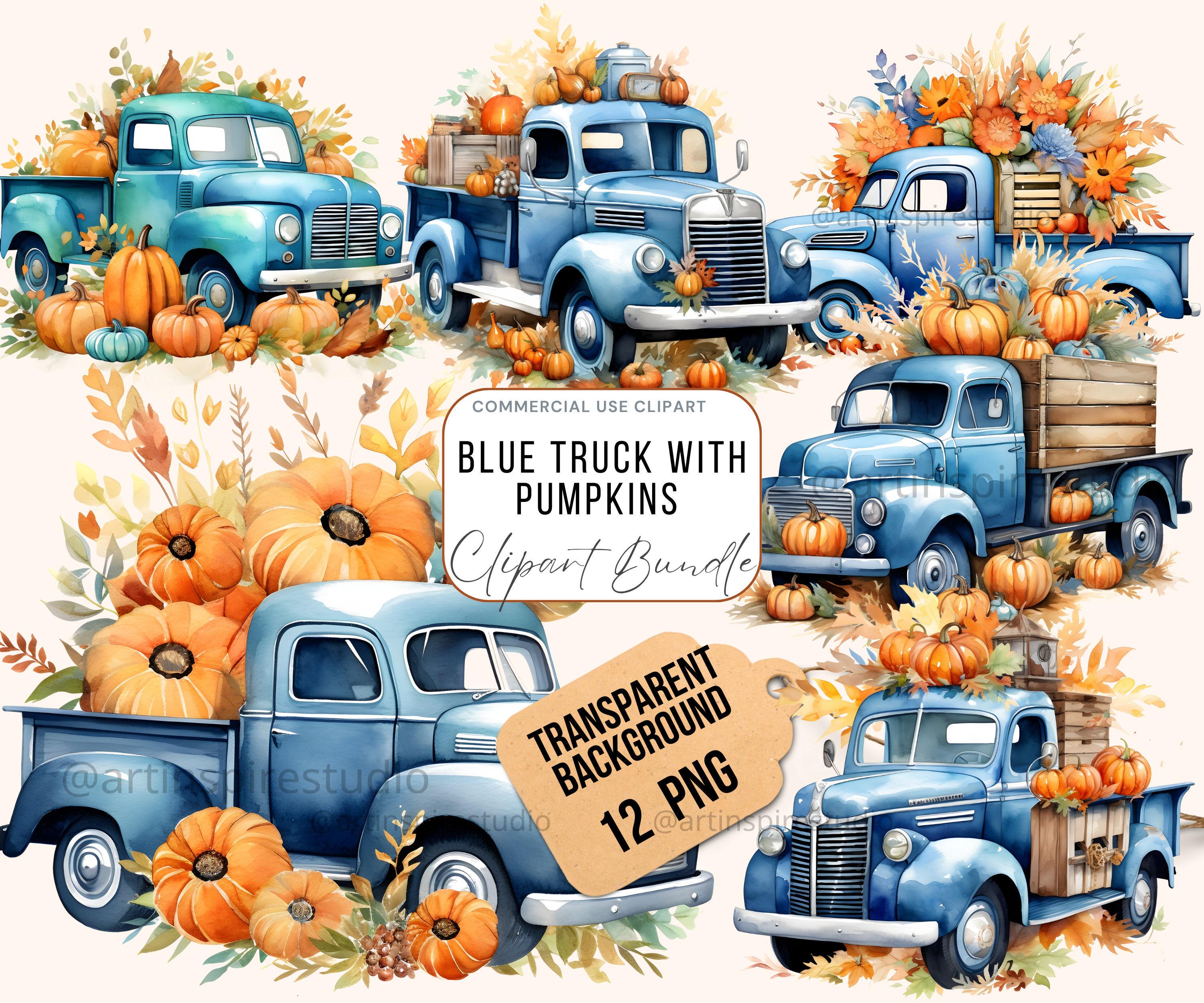 Pumpkin Pickup Truck Clipart Watercolor Autumn Scene Pumpkin Harvest ...