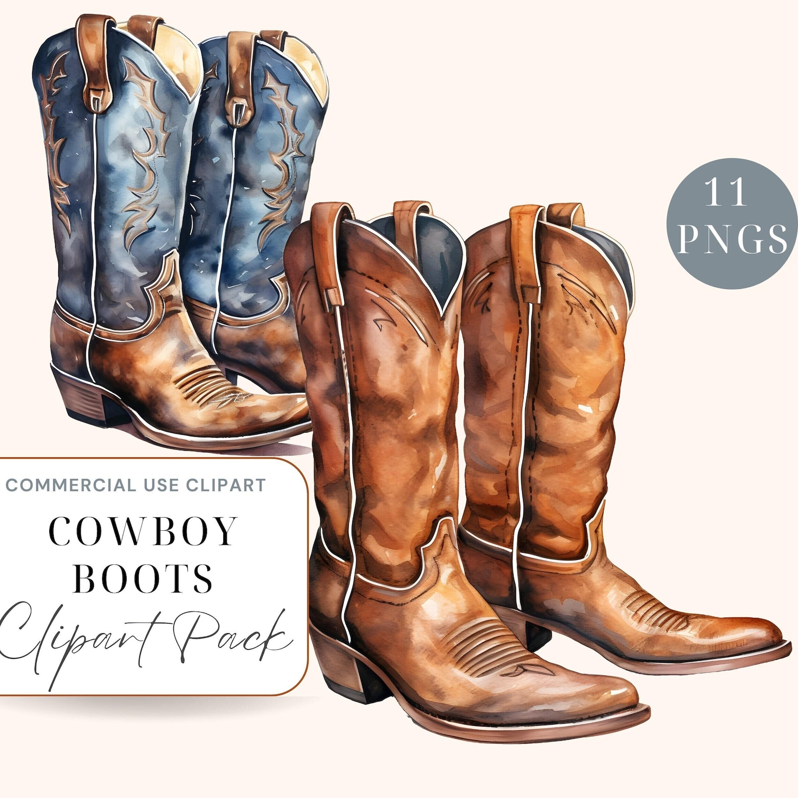 Watercolor Cowboy Boot Clipart, Western Boots Clipart for Commercial ...